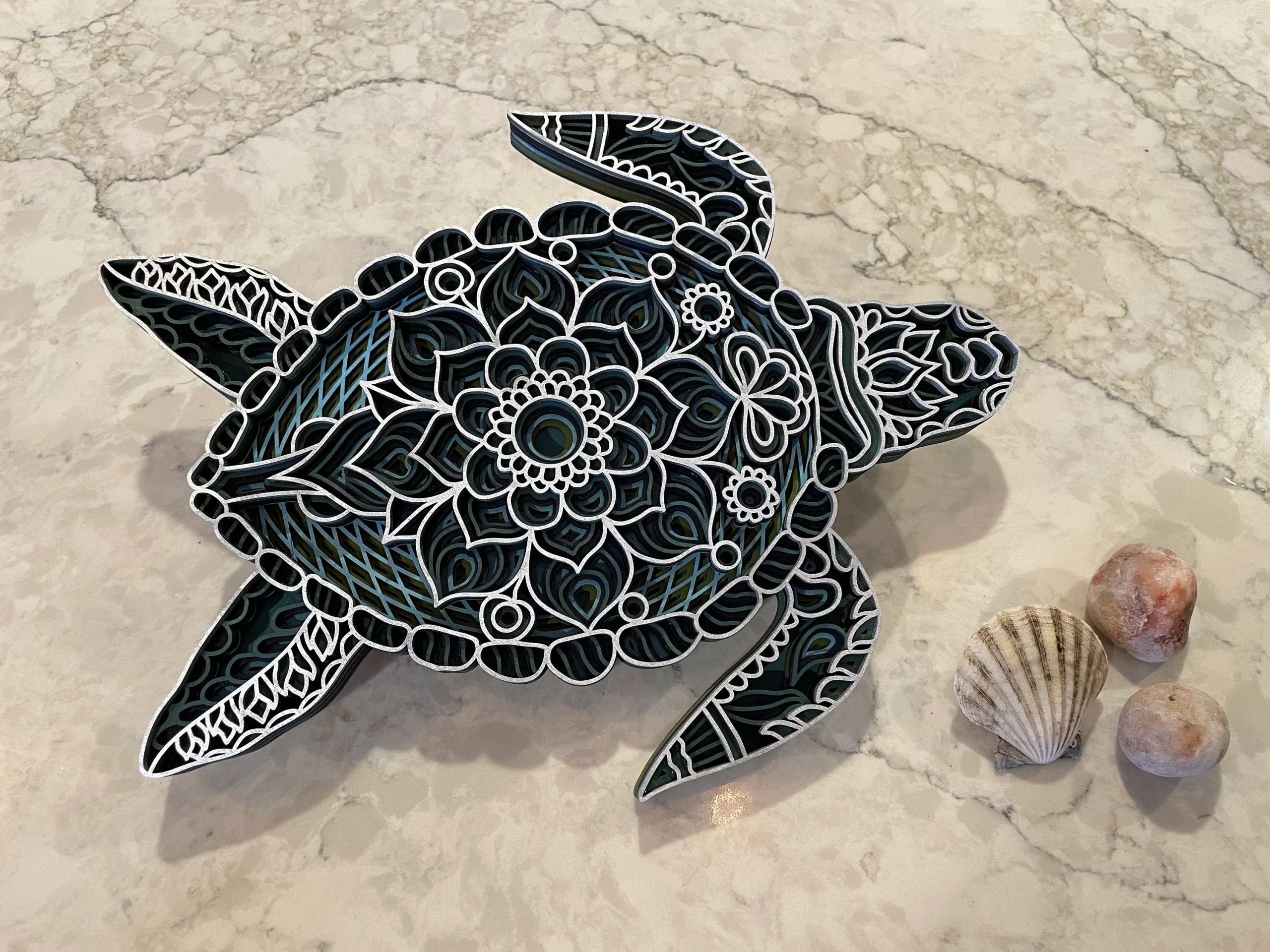 Aqua Painted 6-Layer Turtle Mandala - Encinitas 3D